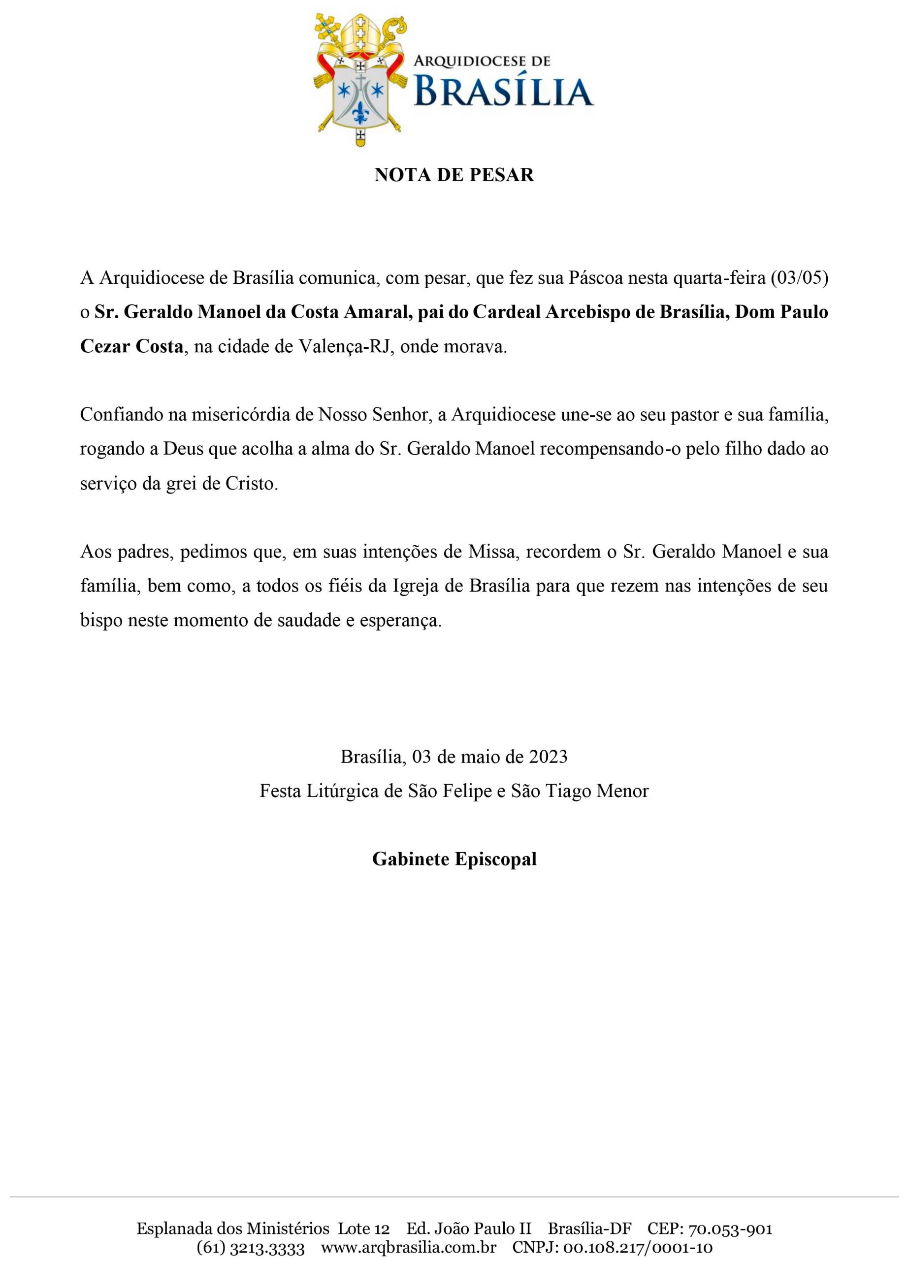 Nota de pesar – Arquidiocese de Brasília